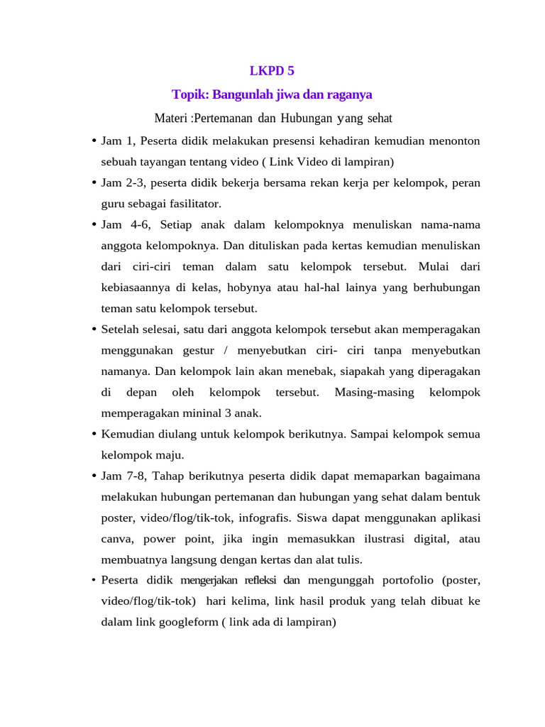 Pertemanan Sehat: LKPD 5 dan Aktivitas | PDF