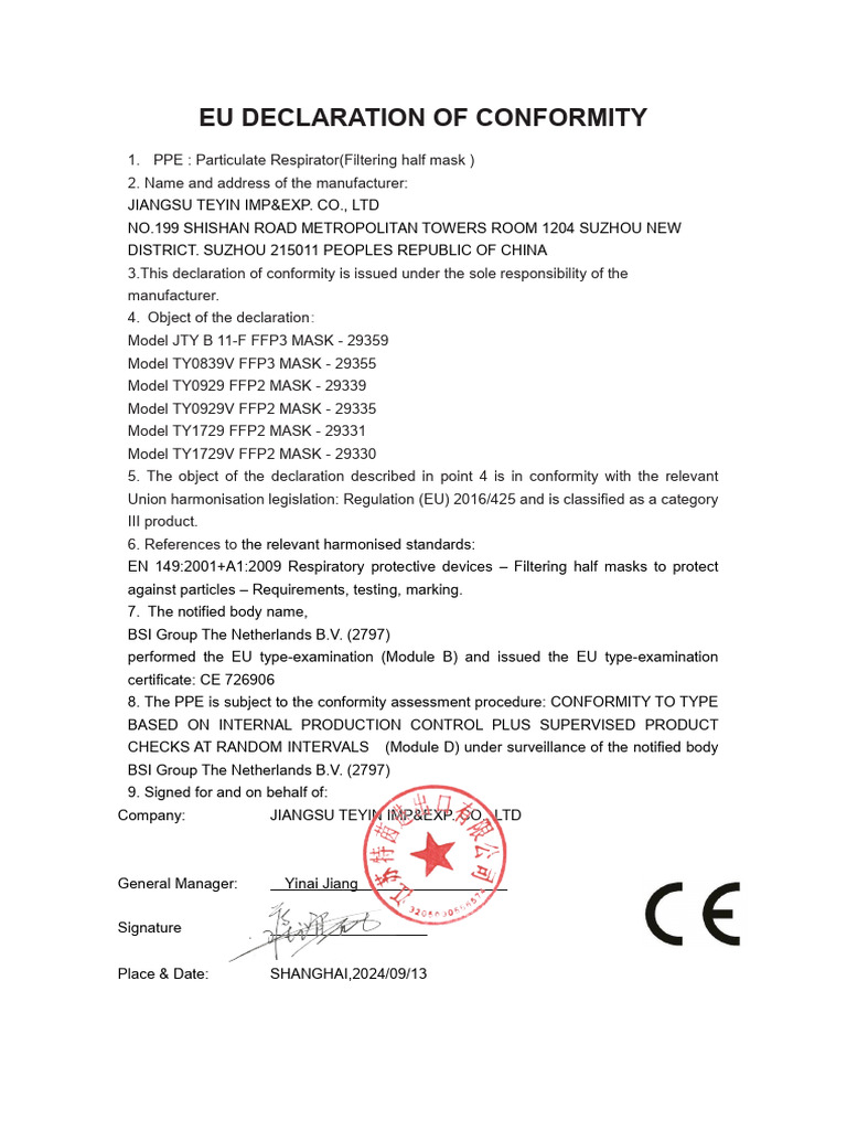 EU Declaration of Conformity for PPE Masks | PDF