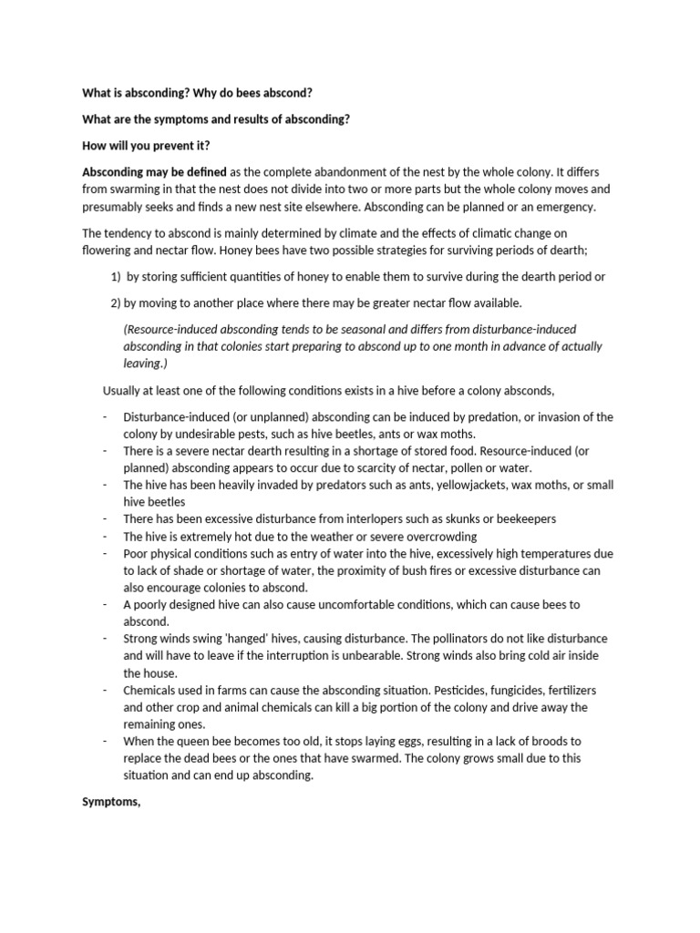Bee Absconding - Symptoms - Prevention | PDF | Bees | Beehive