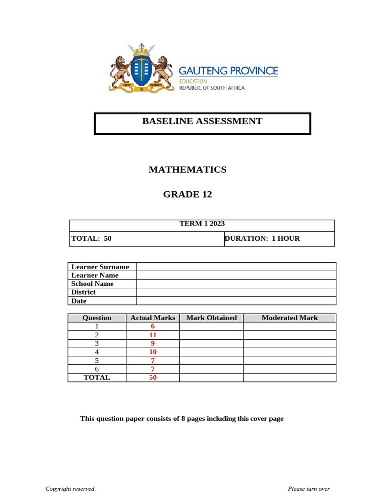2023 Baseline Test GRADE 12 MATHEMATICS | PDF | Asymptote | Slope