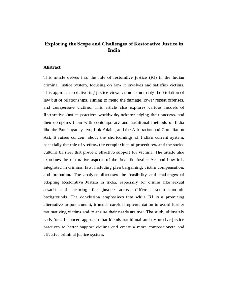 Restorative Justice in India Exploring Scope and Challenges | PDF ...