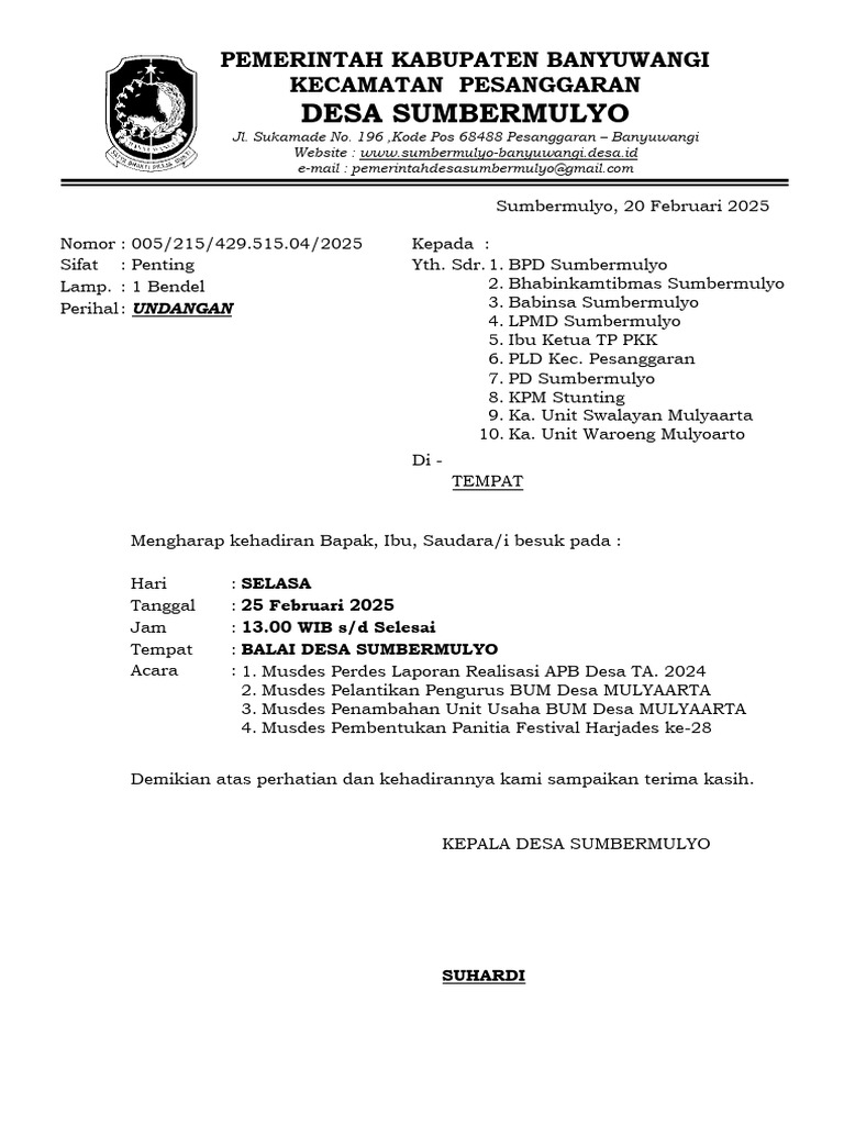 Undangan Musdes Desa Sumbermulyo | PDF