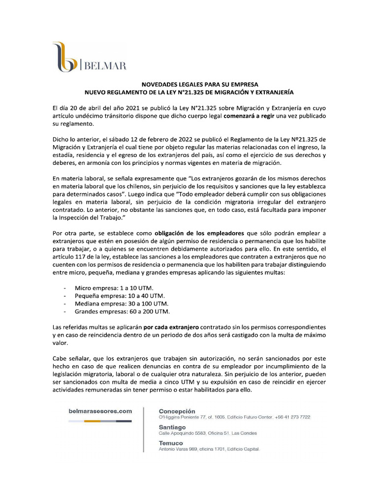 Resumen Reglamento Ley 21325 | PDF