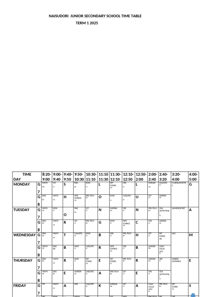 Menet Junior Secondary School Time Table | PDF