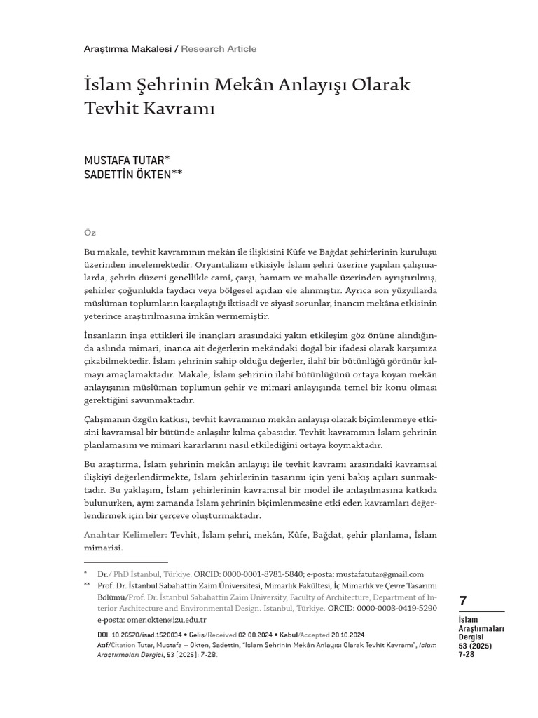 İslam Şehrinin Mekân Anlayışı Olarak Tevhid Kavramı | PDF