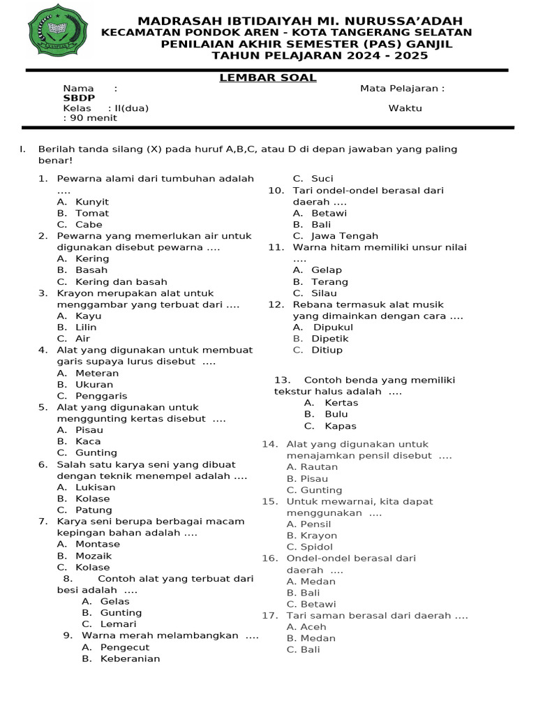 Soal Pas SBDP 2025 | PDF