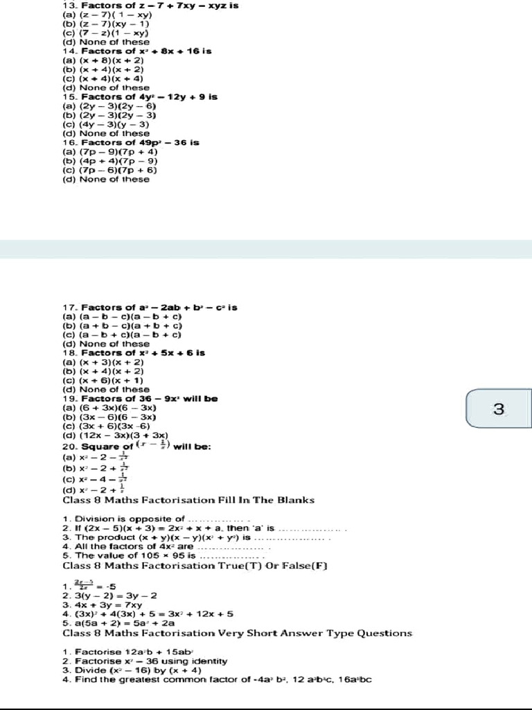 Factorisation Worksheet 2 | PDF