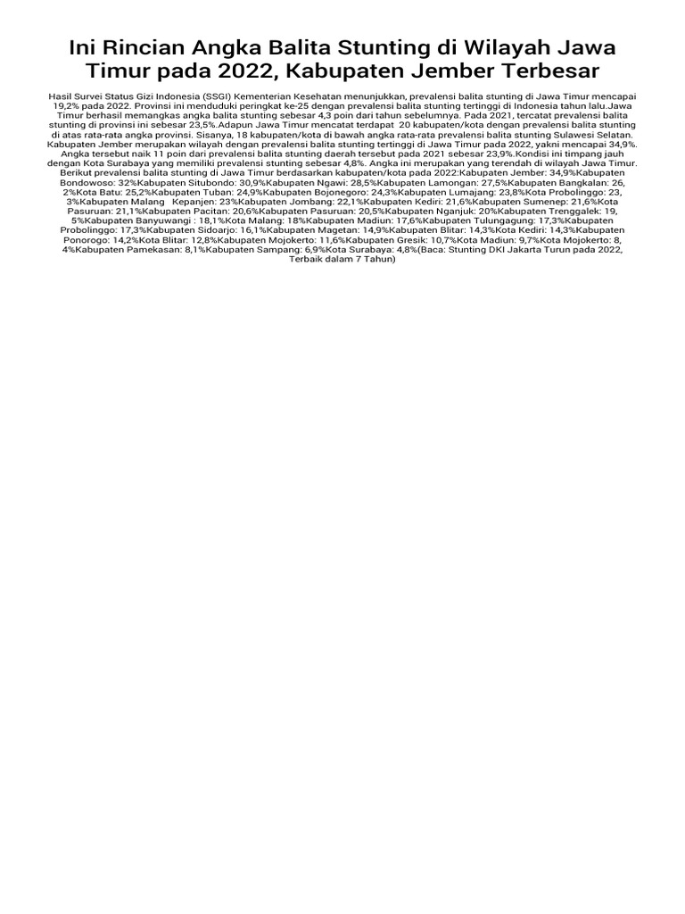 Ini Rincian Angka Balita Stunting Di Wilayah Jawa Timur Pada 2022 Kabupaten Jember Terbesar | PDF