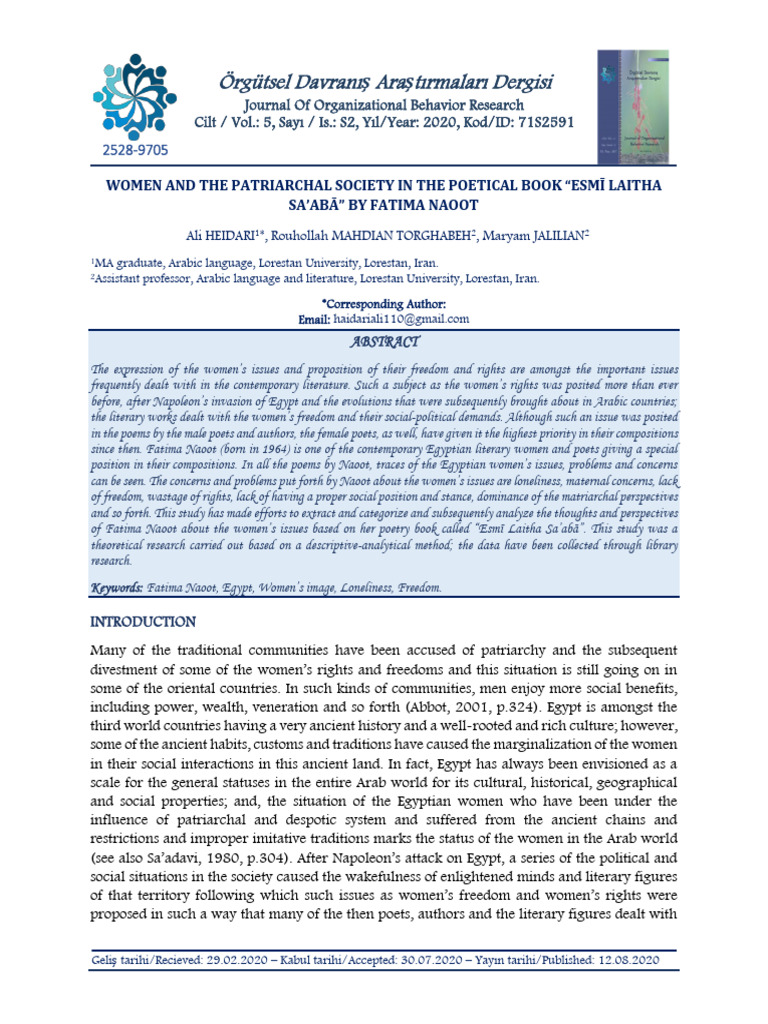 WOMEN AND THE PATRIARCHAL SOCIETY IN THE POETICAL BOOK “ESMĪ LAITHA SA’ABĀ” BY FATIMA NAOOT ...