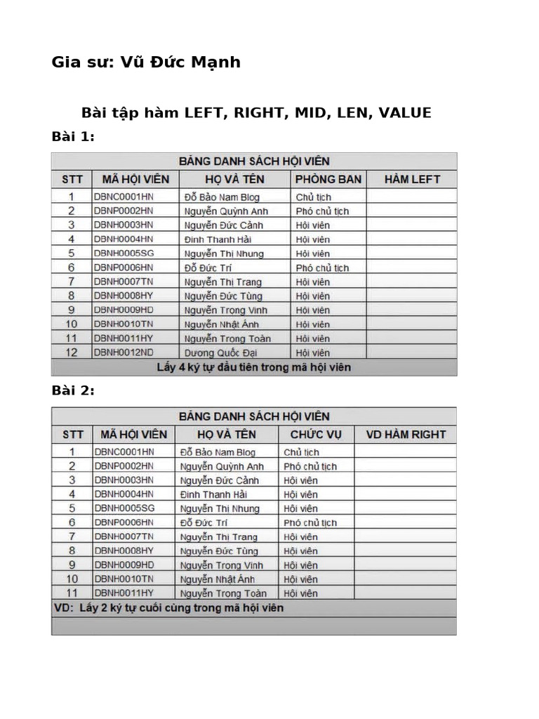 Bài tập hàm LEFT-RIGHT-MID-LEN-VALUE | PDF