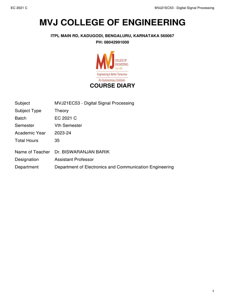 CourseDiary_MVJ21EC53 - Digital Signal Processing (1) | PDF | Telecommunications Engineering ...