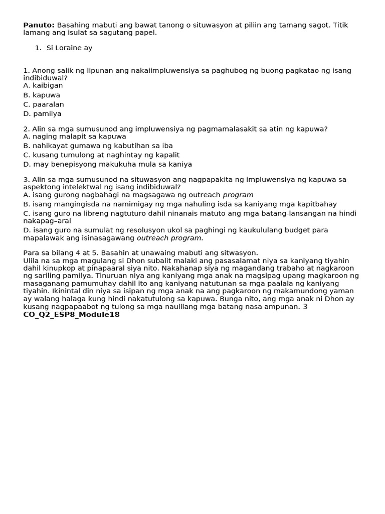 Esp Exam 2nd Q g7 | PDF