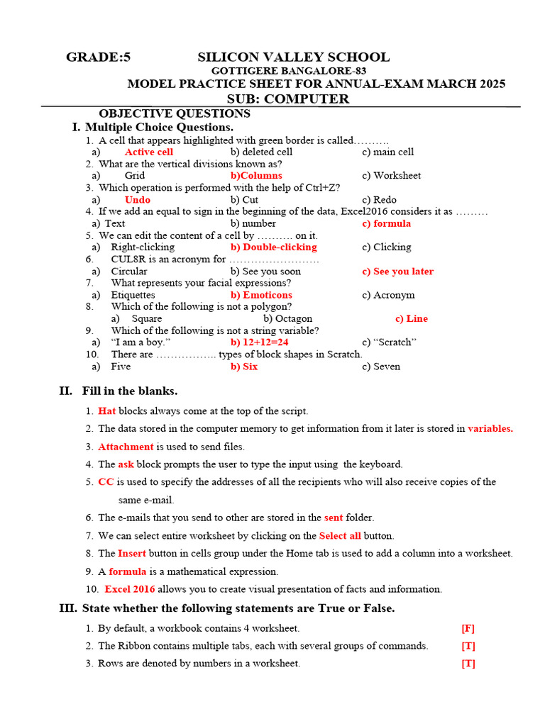 Grade 5 Computer Annual Model Practice Sheet | PDF | Microsoft Excel ...