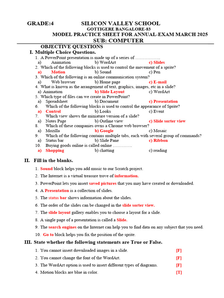 Grade 4 Computer Annual Model Practice Sheet | PDF | Microsoft Power ...