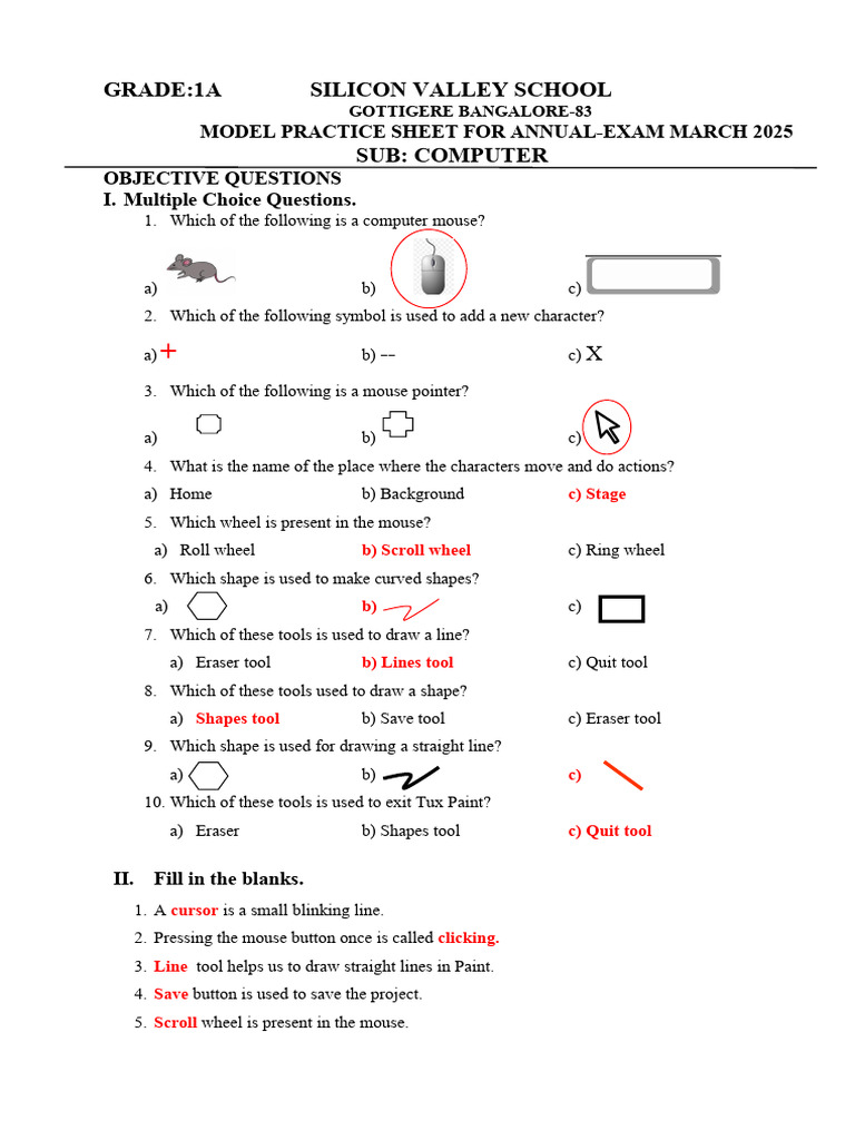 Grade 1a Computer Annual Model Practice Sheet | PDF | Button (Computing) | Cursor (User Interface)