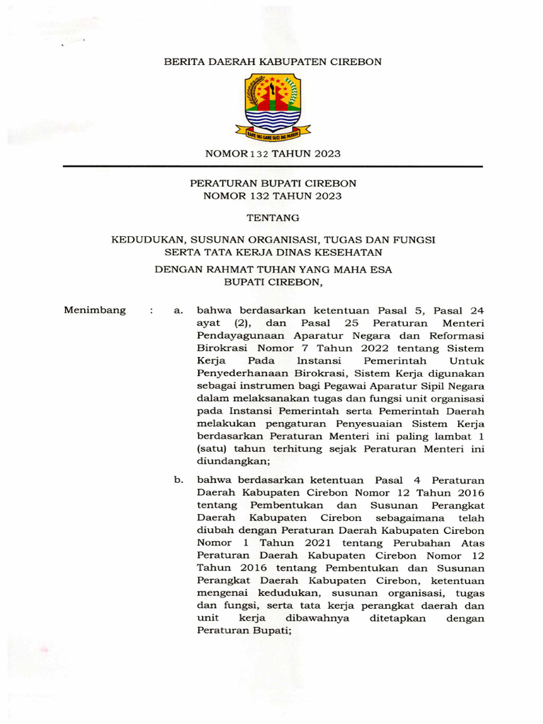 Perbup No 132 THN 2023 Tupoksi Dinkes | PDF