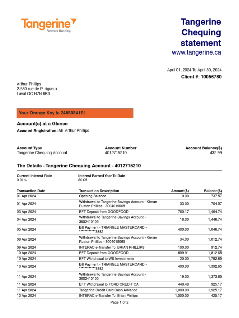 Tangerine Chequing Account Statement April 2024 | PDF | Credit Card ...
