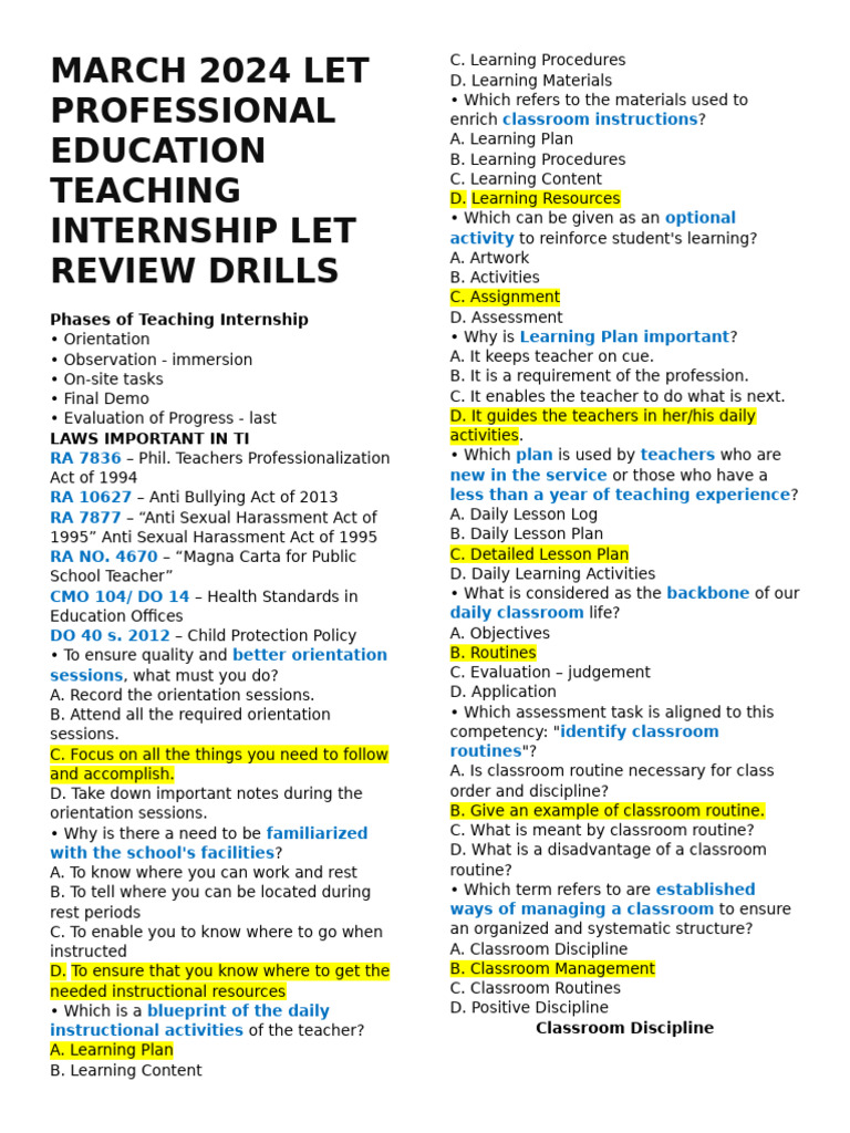March 2024 LET Teaching Internship Guide | PDF | Teachers | Educational ...