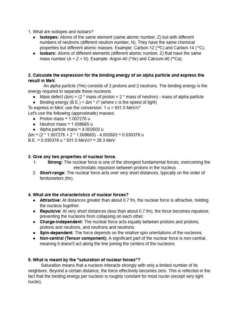 NUCLEAR PHYSICS UNIT ONE TWO MARKS | PDF | Atomic Nucleus | Nuclear Force