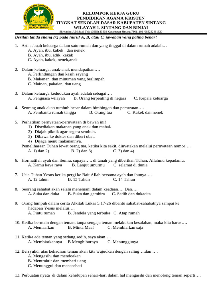 Soal SAS Agama Kristen Kelas 2 Kumer Semester Ganjil 2024 | PDF