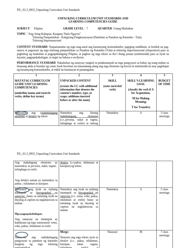 FIL - S2-3 - HO2 - Unpacking Curriculum Unit Standards | PDF