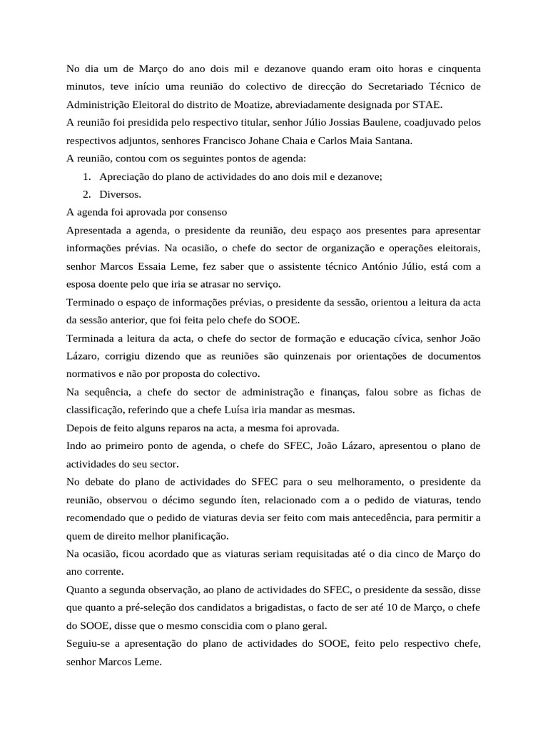 Reunião do STAE de Moatize: Atividades 2019 | PDF