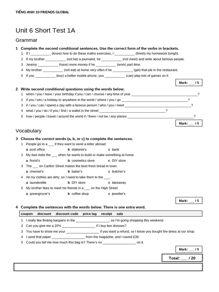 Short Test Unit 6 L P 10 Có Đáp Án | PDF