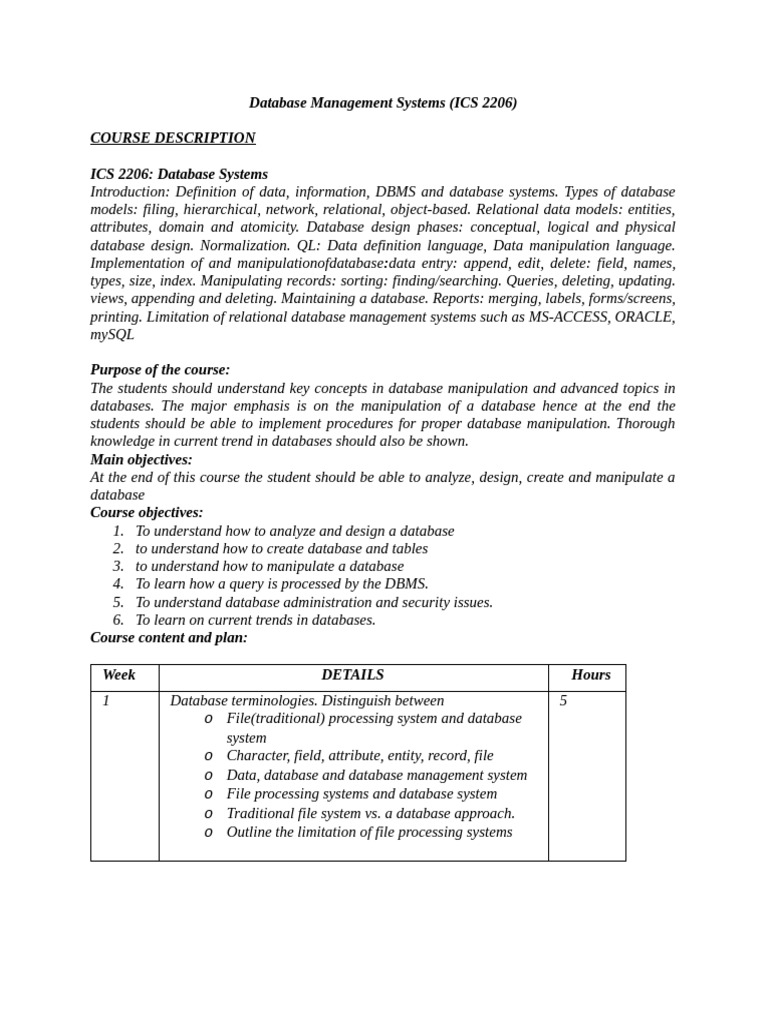 ICS 2206 - COURSE OUTLINE | PDF | Databases | Relational Database
