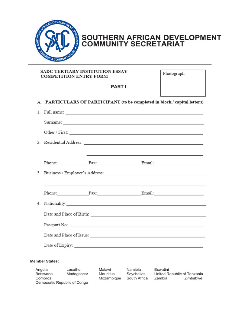 English Entry Form - SADC Tertiary Institution Essay | PDF