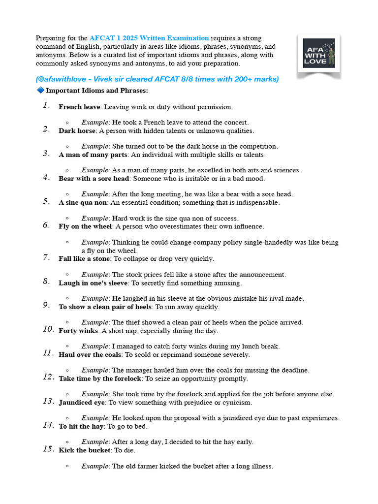 Important Idioms and Phrases by Vivek Sir @afawithlove | PDF | Idiom ...