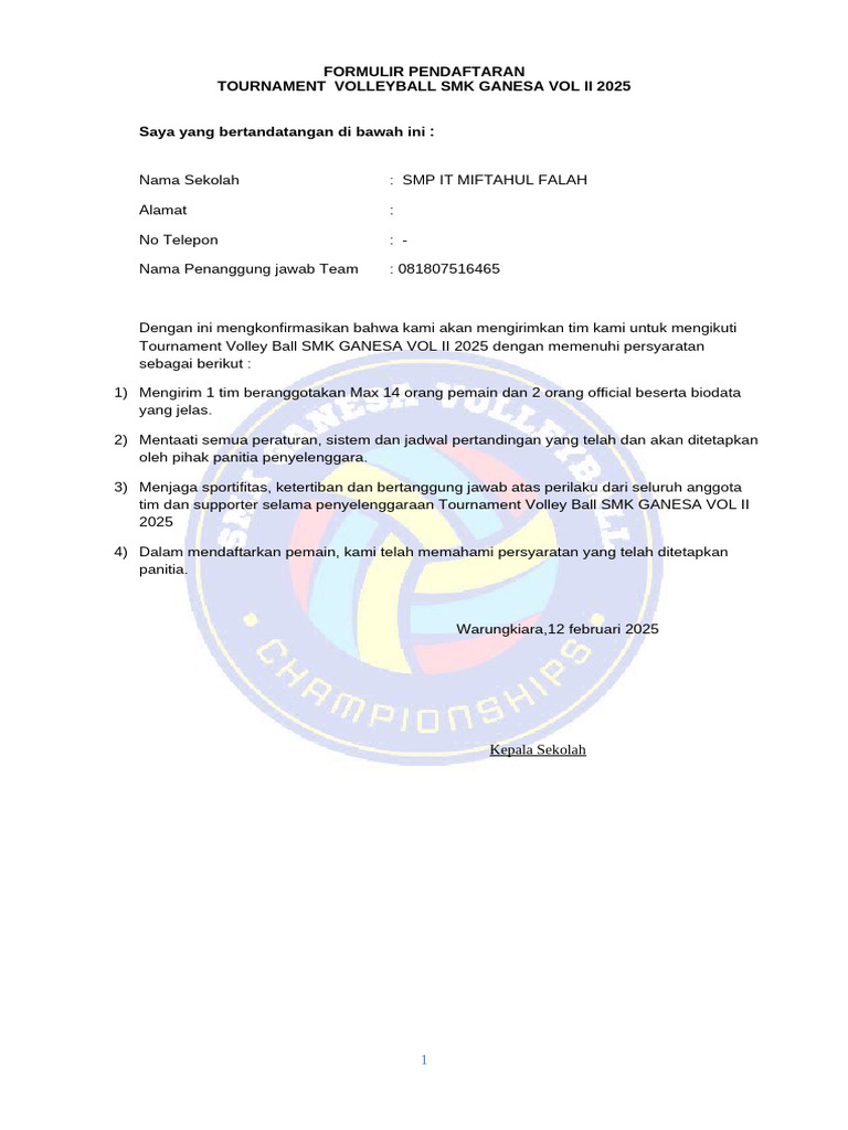 Pendaftaran Turnamen Voli SMK Ganesa 2025 | PDF
