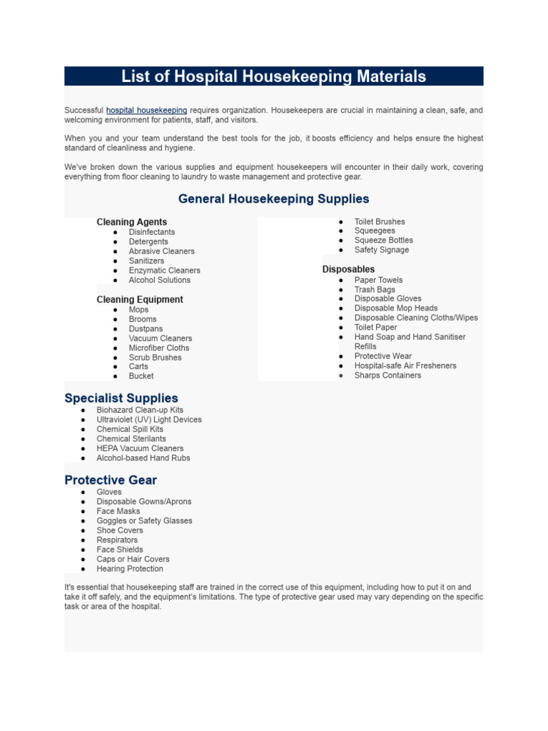 Hospital Housekeeping Supplies List | PDF | Housekeeping | Cleaning