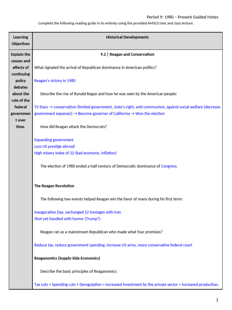 APUSH - Period 9 - Guided Notes 2 - 9 Blue | PDF | Ronald Reagan | Cold War