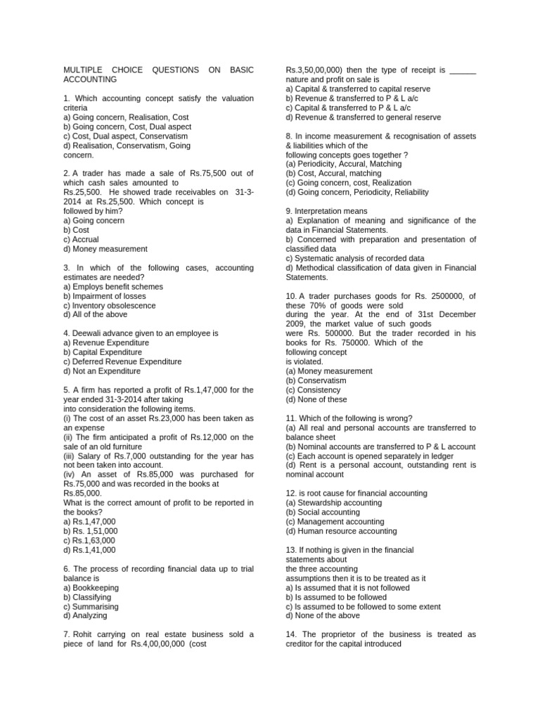 Basic Accounting Multiple Choice Questions | PDF | Debits And Credits ...