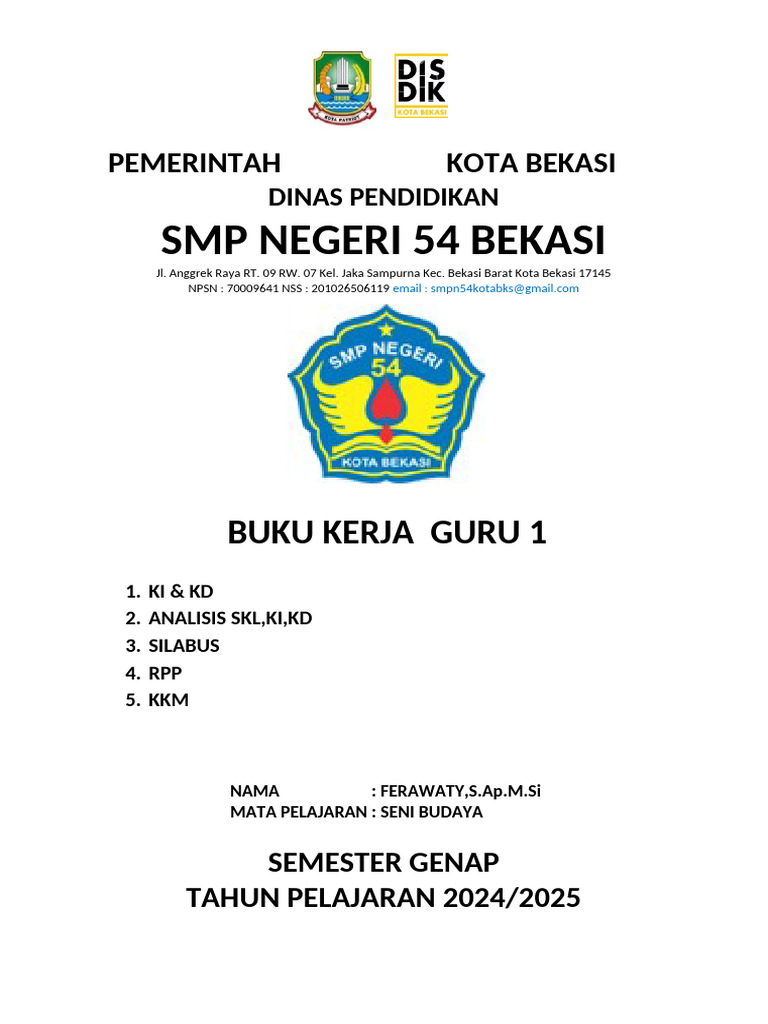 Buku Kerja Guru Seni Budaya SMPN 54 | PDF