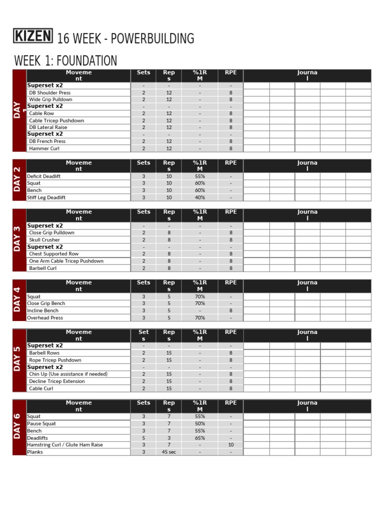 Kizen 16 Week Powerbuilding | PDF | Weight | Physical Fitness