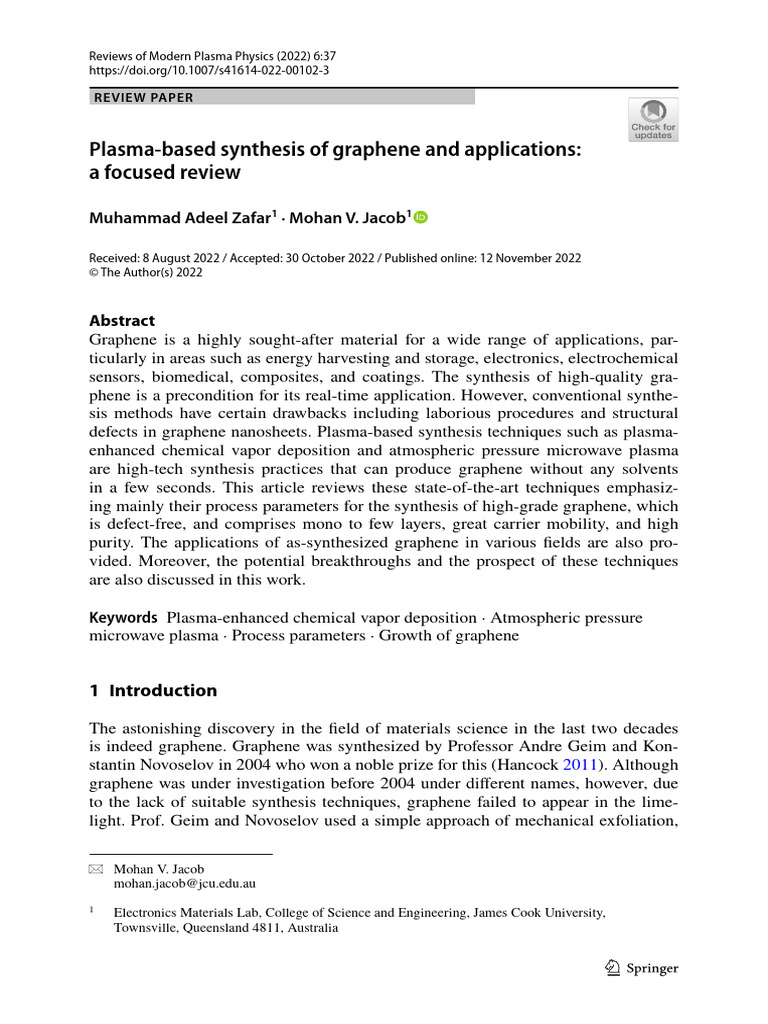 Plasma-Based Synthesis of Graphene and Applications. REVIEW | PDF ...