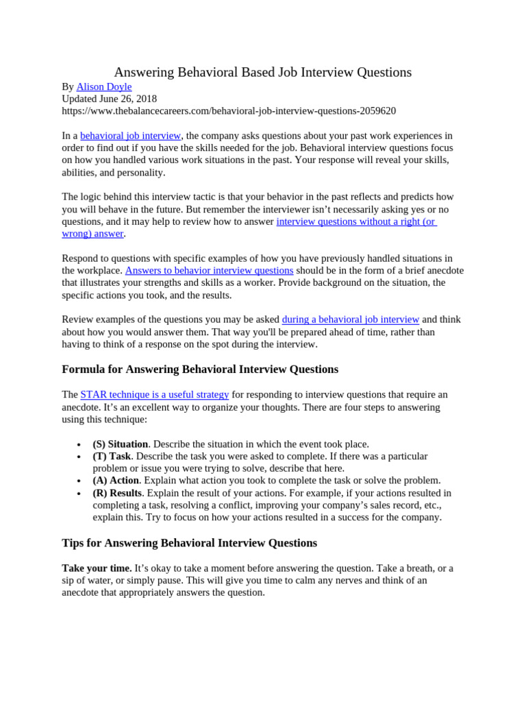Answering Behavioral Based Job Interview Questions1-2-1 | PDF | Job ...