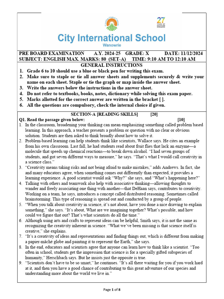 Pre Board 1 English Set A Final | PDF | Creativity | Thought