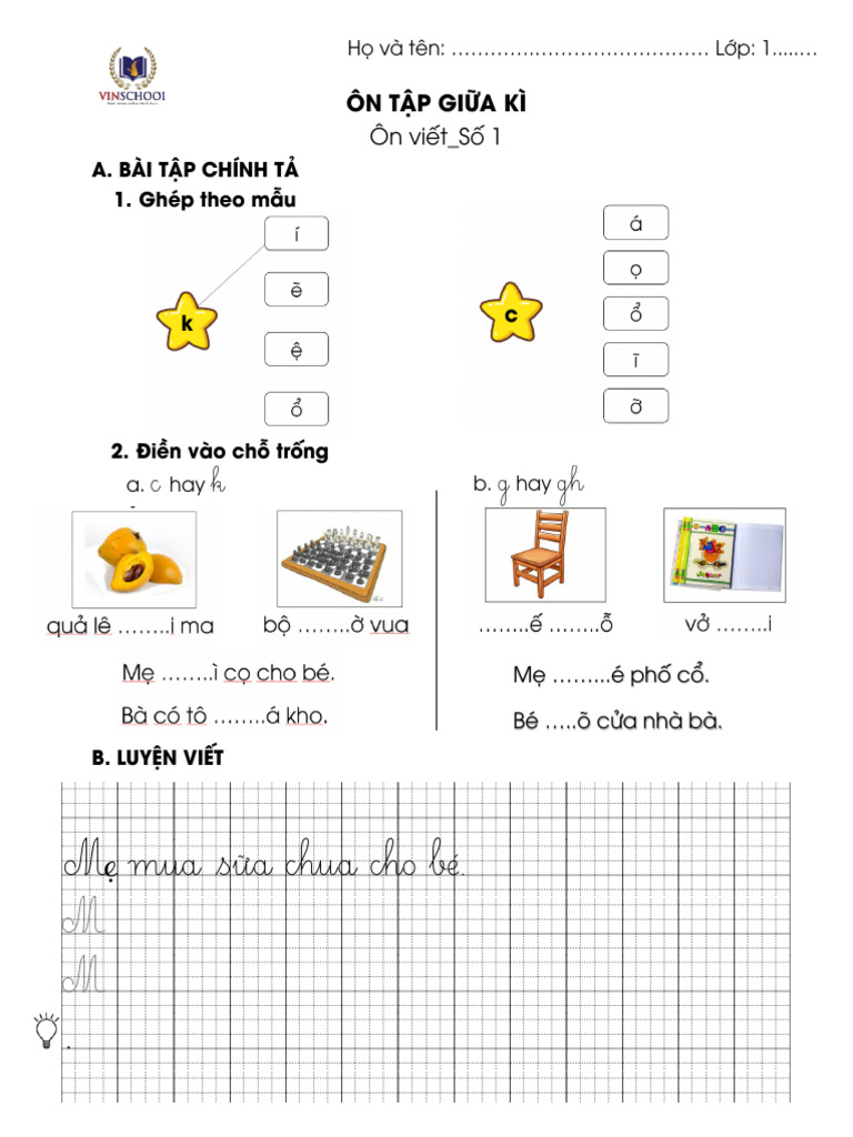 Tieng Viet 2 - On Tap Giua Ki - On Viet - Phieu-1 | PDF
