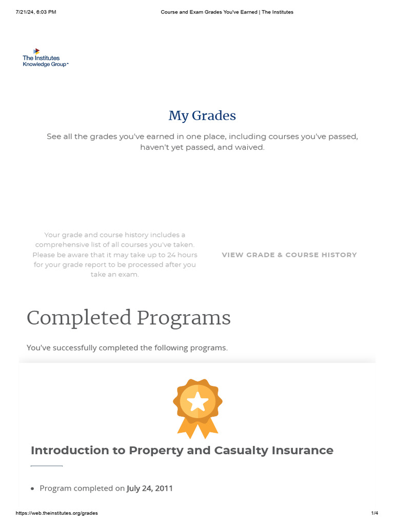 Course and Exam Grades You've Earned - The Institutes | PDF