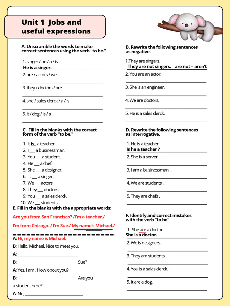 Verb To Be Exercise Worksheet Yellow Cute Simple Style | PDF ...