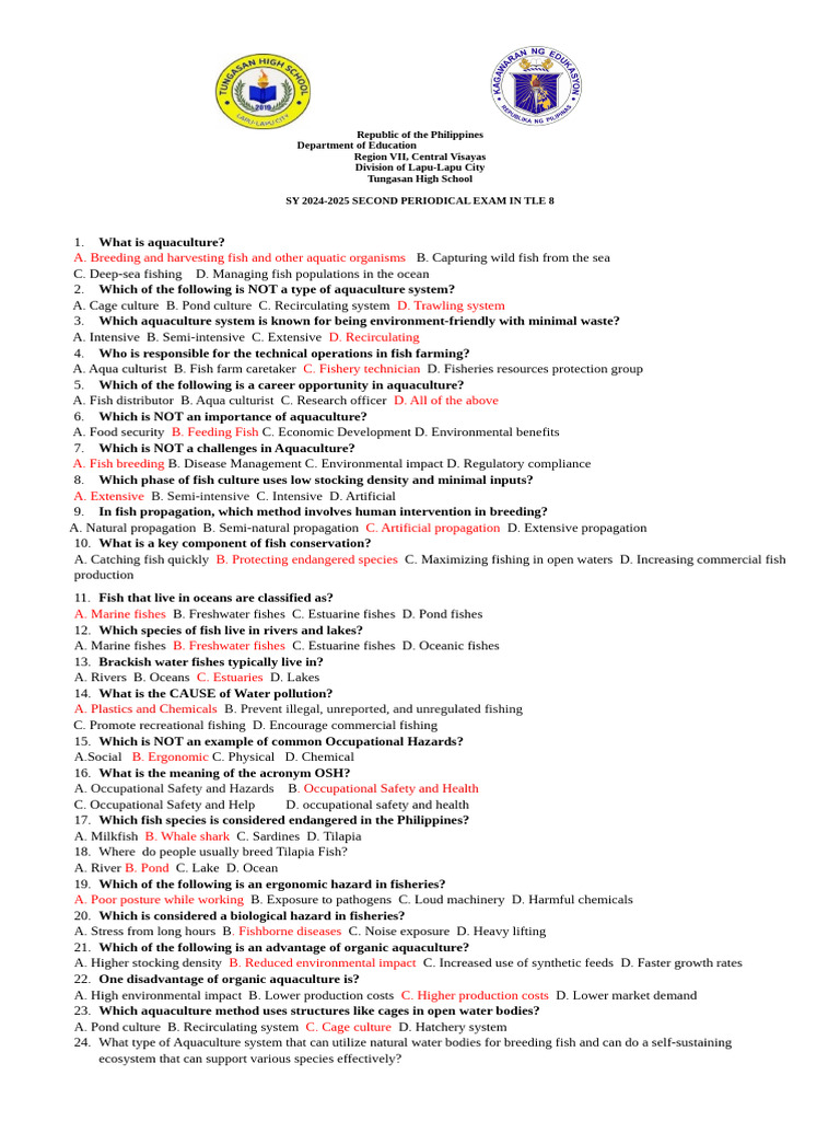 TLE 8 Matatag Exam: Aquaculture Focus | PDF | Aquaculture | Fish