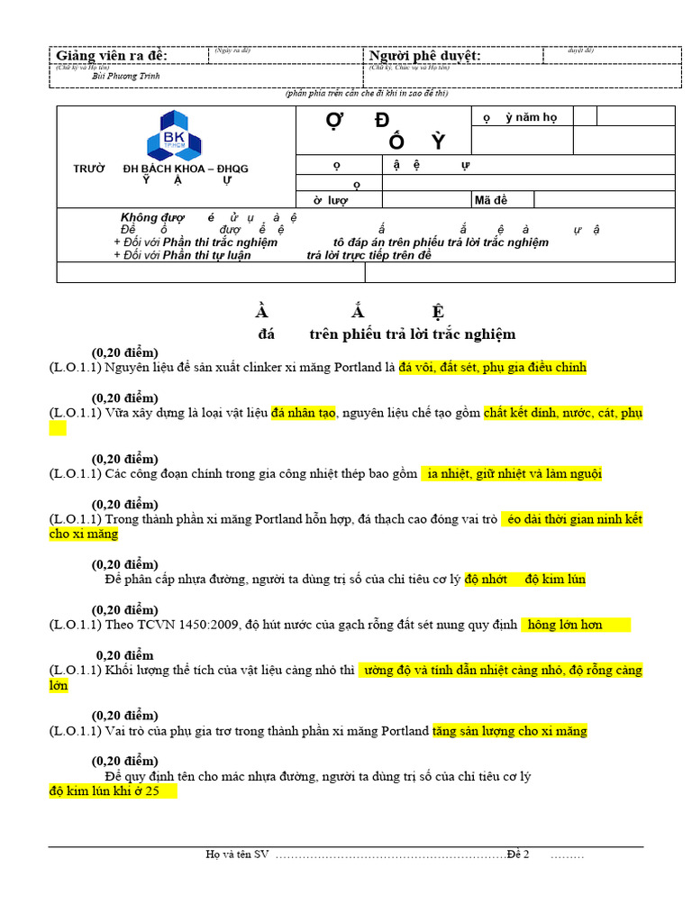 De Thi Cuoi Ky VLXD - HK232 - de 1 - Dap An - BKeL | PDF