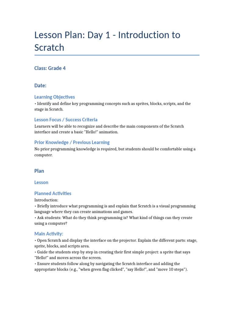 Day1 Scratch Programming Lesson Plan | PDF