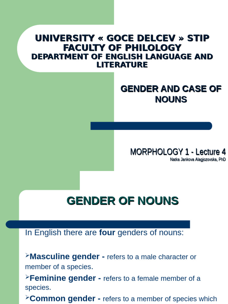 Morphology 1 Lecture 4 Gender Case | PDF | Grammatical Gender | Noun