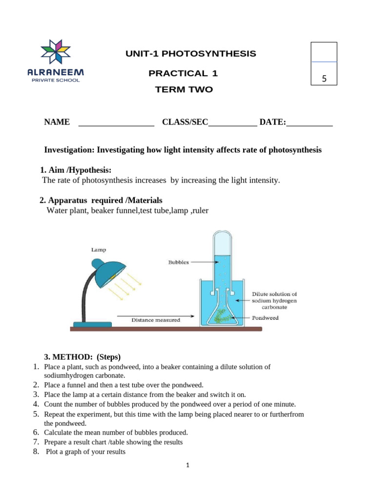 PRACTICAL 1 Effect of Light Intensity On Photosynthesis | PDF
