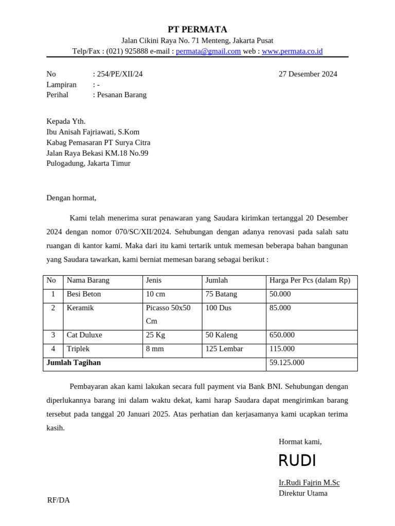 Surat Pesanan PT Permata | PDF