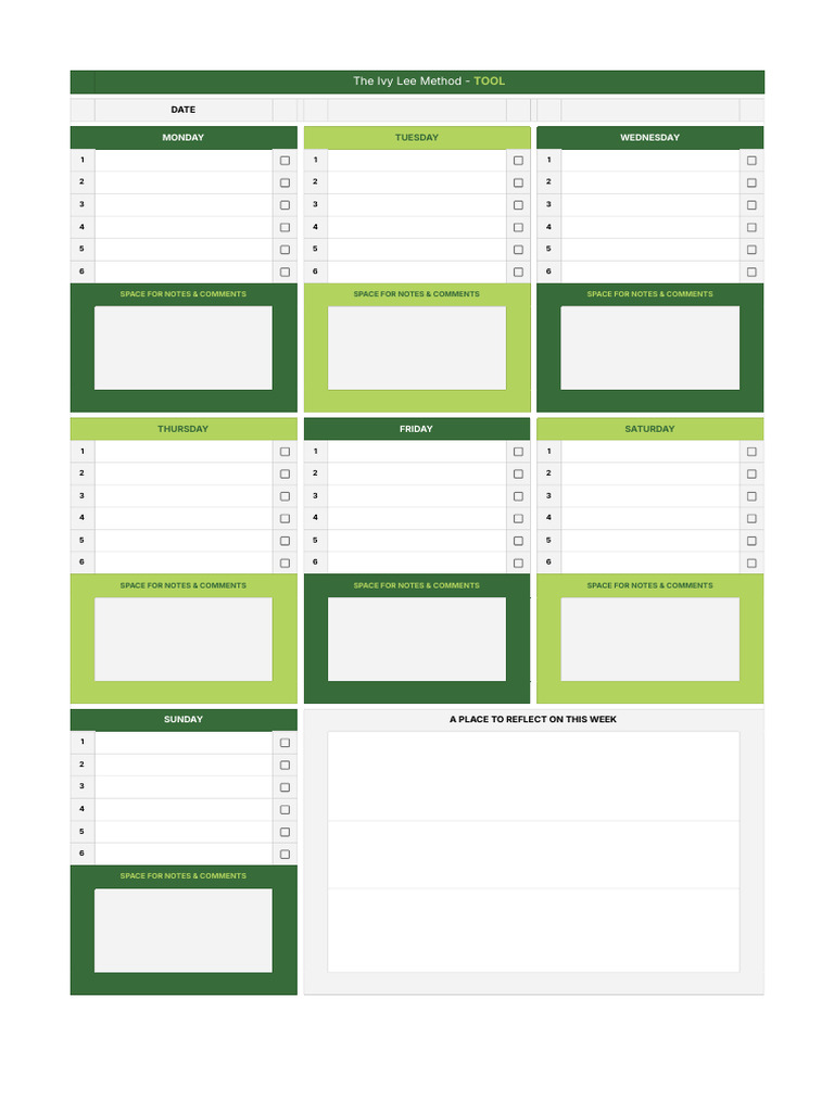 Ivy Lee Method Weekly Planner Template | PDF