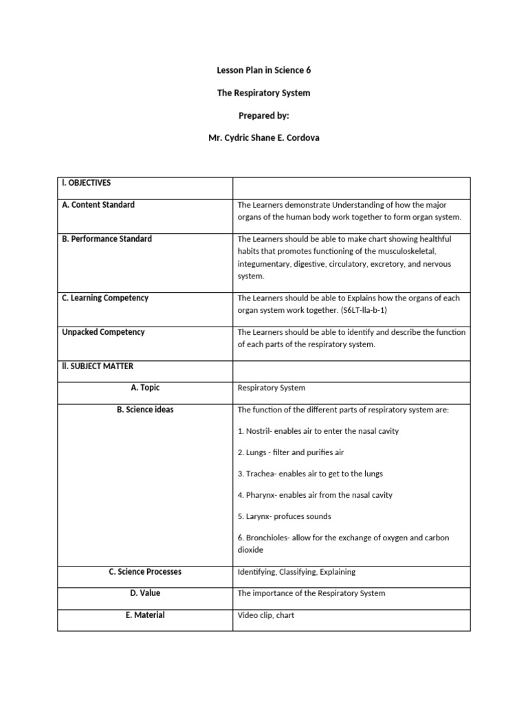 Lesson Plan Respiratory System | PDF | Lung | Respiratory System